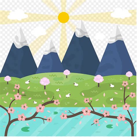 矢量山丘河水桃花风景PNG图片素材下载 图片编号ypajjpgl 免抠素材网