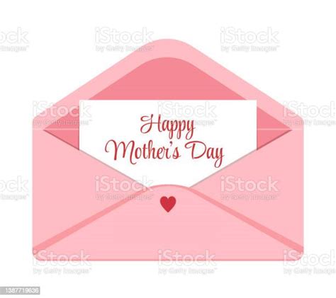 어머니의 날 인사말 카드와 함께 분홍색 봉투를 엽니 다 텍스트 해피 어머니의 날 흰색 배경에서 격리된 벡터 그림입니다 귀여운 러브 레터 메일 모형 어버이날에 대한 스톡 벡터