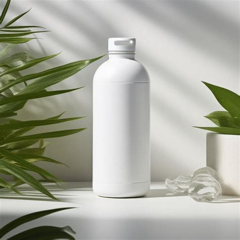 백색 대리석 배경 모형 3d 렌더링에 잎으로 화장품의 빈 병 프리미엄 벡터