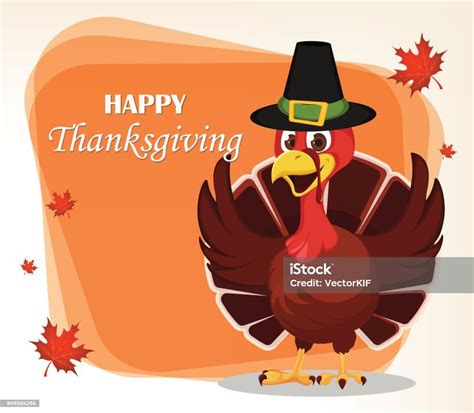 추수 감사절 터키 새 순례자의 모자를 착용 하 고 그것의 날개를 흔들며 인사말 카드 10월에 대한 스톡 벡터 아트 및 기타
