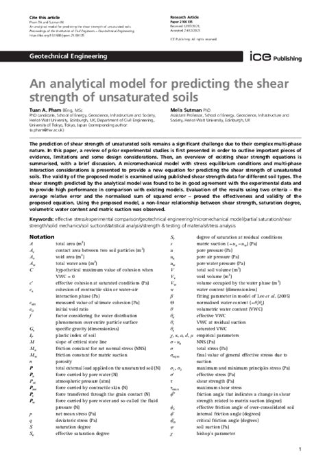 Pdf An Analytical Model For Predicting The Shear Strength Of