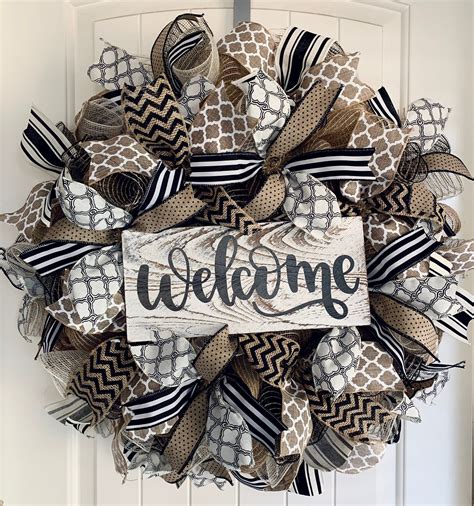 Wreath Black And White Farmhouse Burlap Welcome Wreath Front Door Deco Mesh Wreath Stripes