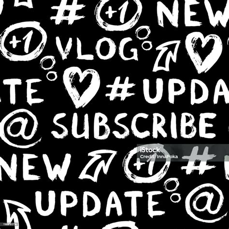 손으로 그린 낙서 스타일의 소셜 미디어 기호 표지판 단어 동영상 블로그 업데이트 구독 새로운벡터 원활한 패턴 흑백 흑백 벽지 Brand Name Online