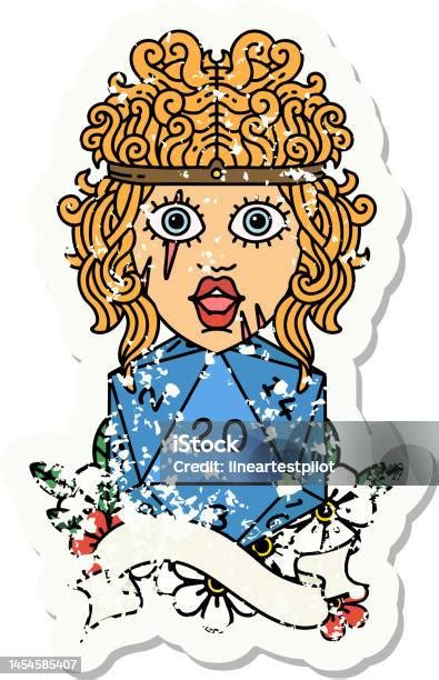 자연 20 주사위 굴리기를 가진 인간 야만인의 그런지 스티커 굴리기에 대한 스톡 벡터 아트 및 기타 이미지 굴리기 머리