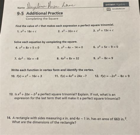 Solved Envision Algebra Name 9 5 Additional Practice Completing The Squa [math]