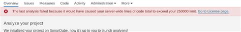 lines of code limit problem production license sonarqube server