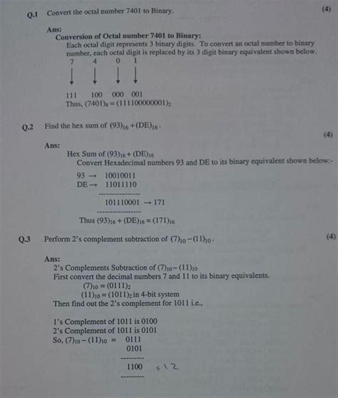 Solved Q1 Convert The Octal Number 7401 To Binary 4 Ans