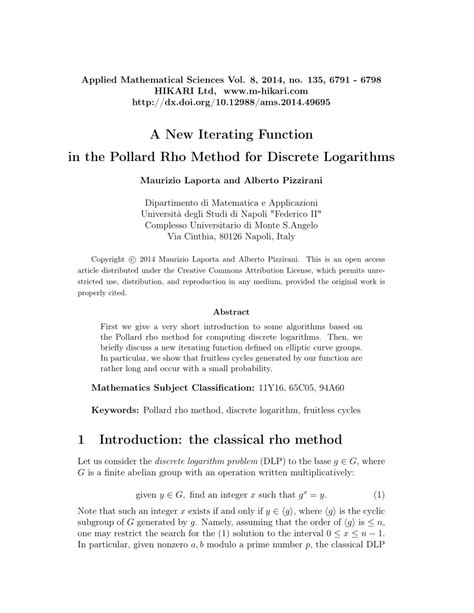 Pdf A New Iterating Function In The Pollard Rho Method For Discrete