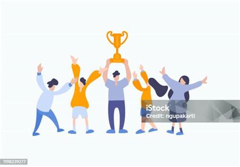 사람 팀 구성원의 벡터 우승자 개념입니다 경쟁 작품에서 우승 한 후 행복한 남자와 여자 상승 트로피 컵 상을 가진 비즈니스 플랫 일러스트 Championship에 대한 스톡