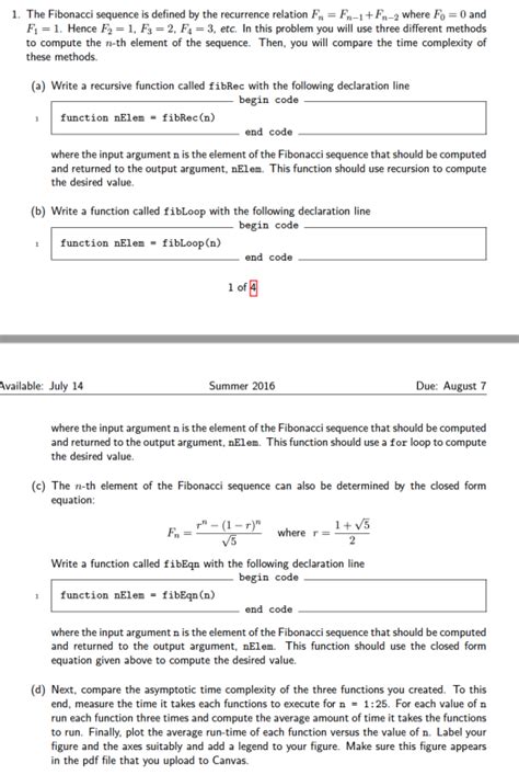 Matlab 1 The Fibonacci Sequence Is Defined By The Recurrence Relation
