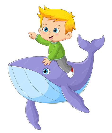El Niño Está Tan Feliz Mientras Monta Una Gran Ballena En El Océano Vector Premium