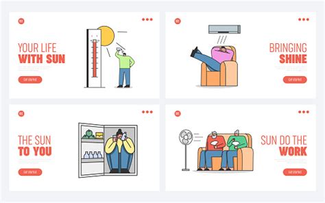 시간의 여름 더운 기간입니다 웹 사이트 방문 페이지 실내와 실외에서 더운 여름 날씨에서 열과 휴식에서 지친 사람들 웹 페이지 만화 선형 윤곽선 평면 벡터 일러스트 세트 건강