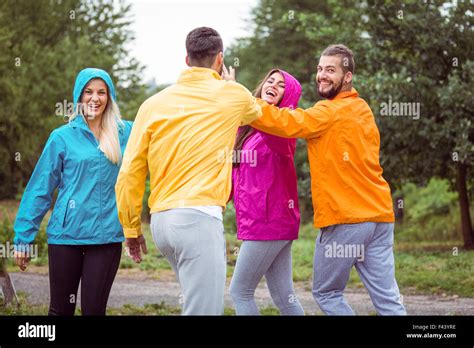 Friends Having Fun On A Hike Stock Photo Alamy