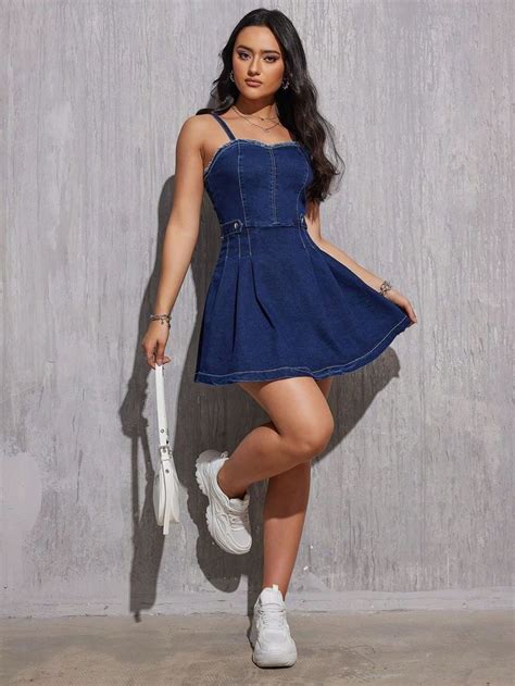 Womens Casual Elastic Cami A Line Denim Dress Springsummerautumn