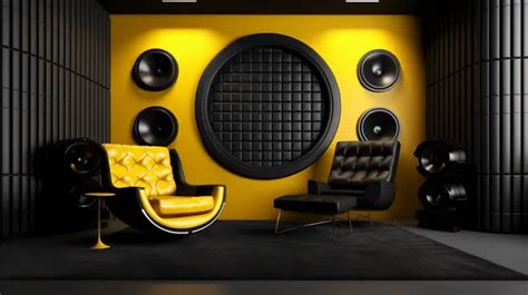 세련된 검정색 및 노란색 스피커 시스템 소파와 Tv 3d 일러스트레이션을 갖춘 현대적인 검정색 인테리어 침상 소파 고급 가구 배경 일러스트 및 사진 무료 다운로드
