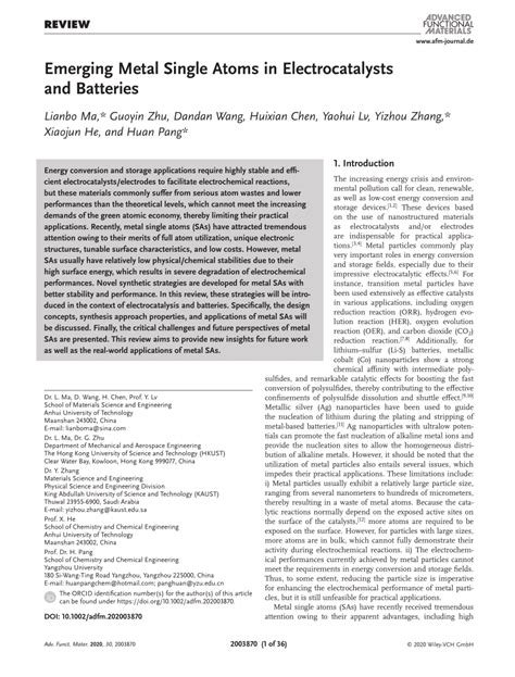 Emerging Metal Single Atoms In Electrocatalysts And Batteries Request Pdf