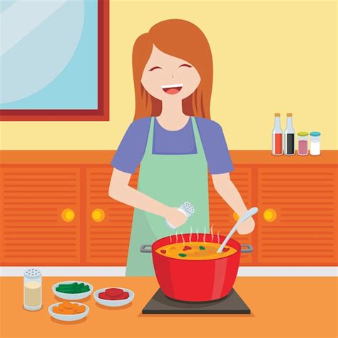 쾌활 한 여자 요리 일러스트 프리미엄 벡터