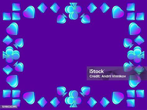 카드 슈트가 있는 프레임 다이아몬드 하트 클럽 3d 스타일의 스페이드 파란색 그라데이션의 카드 슈트의 아이소메트릭 기호 카드 게임 카지노 초대장 및 배너용 템플릿을