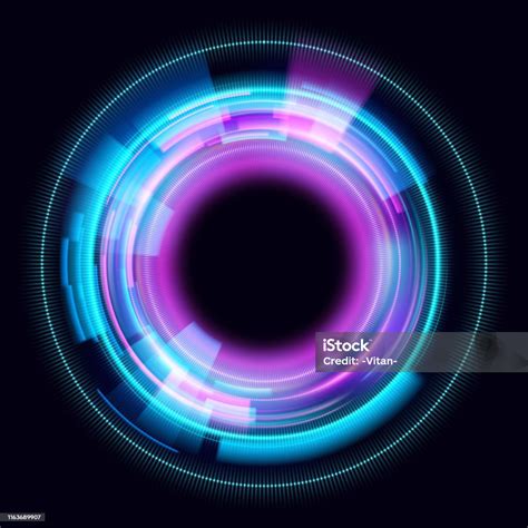 검은 색 배경에 추상 빛나는 원 매직 서클 라이트 효과 어두운 배경에 격리된 그림입니다 신비한 포털 글로우 링 매직 네온 공 벡터 Eps10 Led 조명에 대한 스톡 벡터