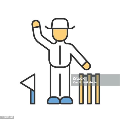 크리켓 판사 색상 아이콘입니다 심판은 판정을 신호합니다 중재인은 게임을 따릅니다 흰색 유니폼 깃발과 개찰구를 입은 남자 스포츠 대회 토너먼트 야외 스포츠 활동 격리 벡터