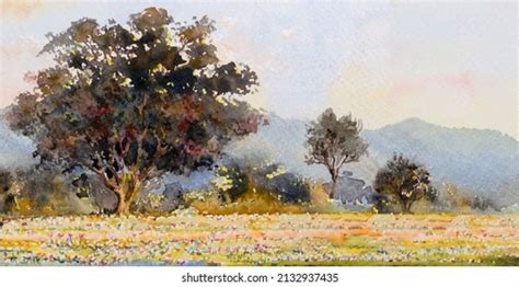 Watercolor Landscape Paintings Panorama Colorful Flowers Stock