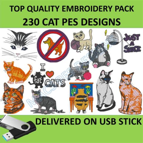 Cats 230 Pes Designs On Usb Machine Embroidery Files To Embroider Cat Usb Kitten Pes Pack Pussy