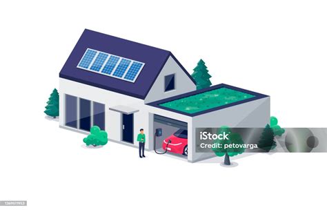 벽 상자 충전기 스테이션에 차고 내부 집에서 충전 전기 자동차 주차 등측투영법에 대한 스톡 벡터 아트 및 기타 이미지 등측