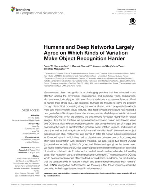 Pdf Humans And Deep Networks Largely Agree On Which Kinds Of Variation Make Object Recognition