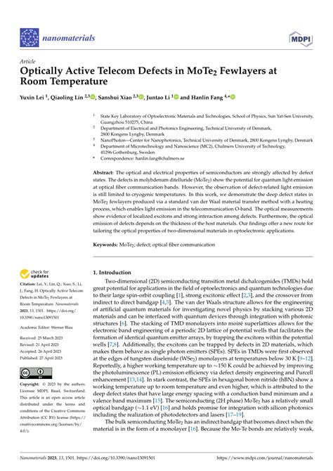 Pdf Optically Active Telecom Defects In Mote2 Fewlayers At Room
