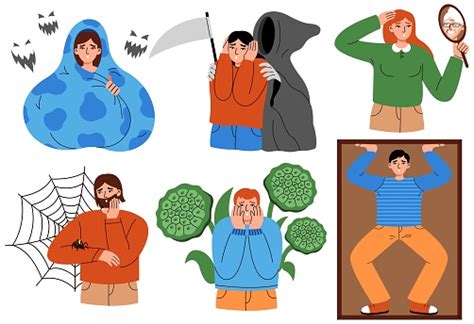 다른 공포증과 두려움을 가진 사람들 심리적 문제 거미 죽음 노화 어둠 밀폐된 공간을 두려워하는 여성과 남성 캐릭터 플랫 벡터 그림입니다 개념에 대한 스톡 벡터 아트 및 기타