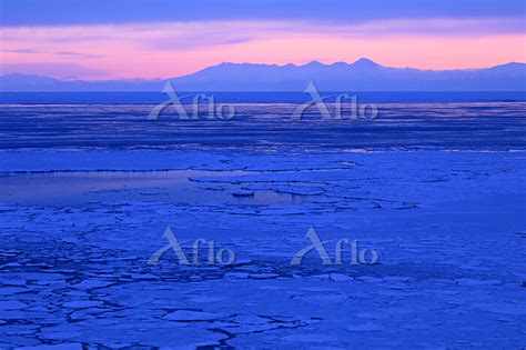 北海道 能取岬からオホーツク海の流氷と知床連峰の夜明け 155721639 の写真素材 アフロ