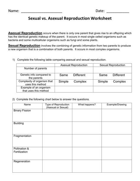Sexual Vs Asexual Reproduction Worksheet