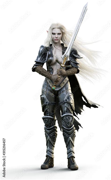ภาพประกอบสต็อก Portrait Of A Fantasy Heavily Armored Sexy Dark Elf Female Warrior With White