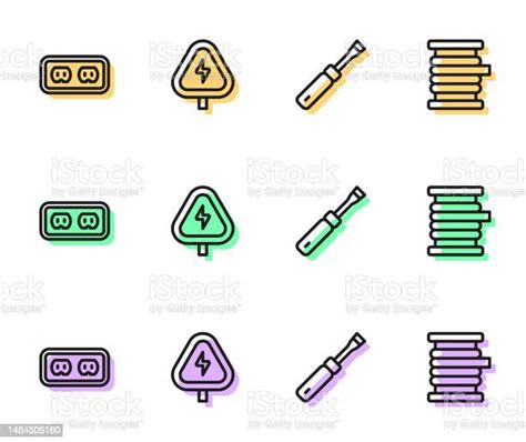 라인 드라이버 전기 콘센트 고전압 및 와이어 전기 케이블을 릴 아이콘에 설정합니다 벡터 0명에 대한 스톡 벡터 아트 및 기타