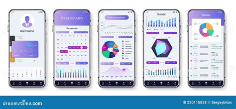 Light Application Interface For Mobile Phone UI Screens With Dashboard Pie Charts