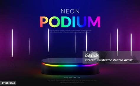 제품 디스플레이를 위한 검은색 배경에 흰색 형광 튜브가 있는 다채로운 Rgb 네온 타원 연단 벡터 일러스트레이션 강단에 대한 스톡 벡터 아트 및 기타 이미지 Istock