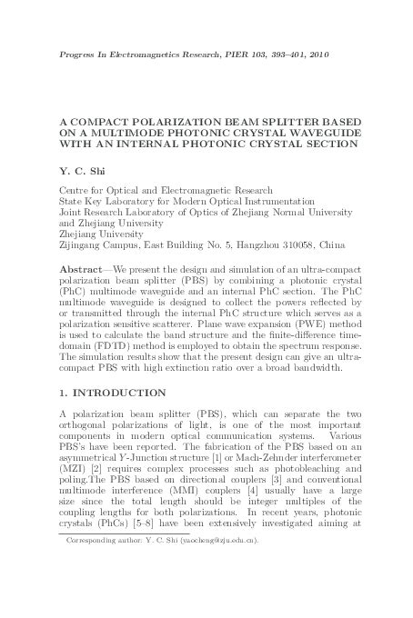 Pdf A Compact Polarization Beam Splitter Based On A Multimode Photonic Crystal Waveguide With