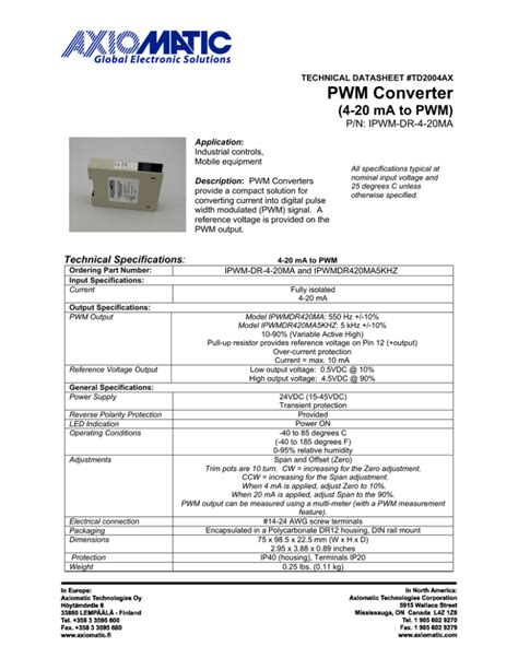 Pwm Converter 4 20ma To Pwm Technical Datasheet