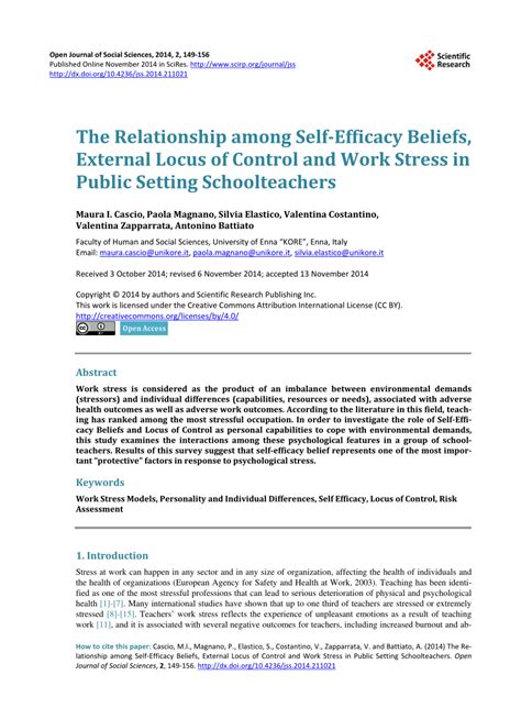 Pdf The Relationship Among Self Efficacy Beliefs External Locus Of Control And Work Stress In
