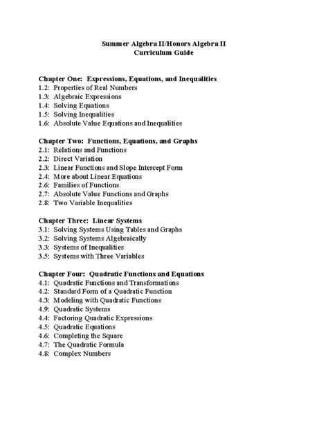 Algebra Iiand Honors Alg Ii Summer Algebra Ii Honors Algebra Ii Curriculum Guide Chapter One