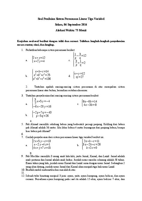 Doc Soal Penilaian Sistem Persamaan Linear Tiga Variabel