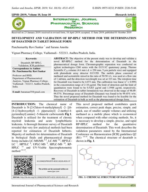Pdf Development And Validation Of Rp Hplc Method For The Determination Of Dasatinib In Tablet