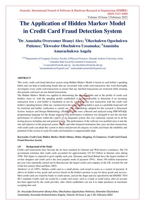 Pdf The Application Of Hidden Markov Model In Credit Card Fraud Detection System