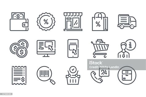 전자 상거래 및 쇼핑 관련 라인 아이콘 세트입니다 웹 스토어 선형 벡터 일러스트레이션 컬렉션입니다 온라인 쇼핑 개요 아이콘 인터넷에 대한 스톡 벡터 아트 및 기타 이미지