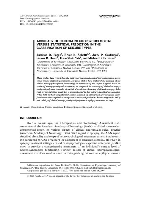 Pdf Accuracy Of Clinical Neuropsychological Versus Statistical Prediction In The