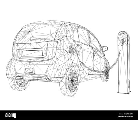 Wireframe Of An Electric Car Standing On A Charge From Black Lines Isolated On A White