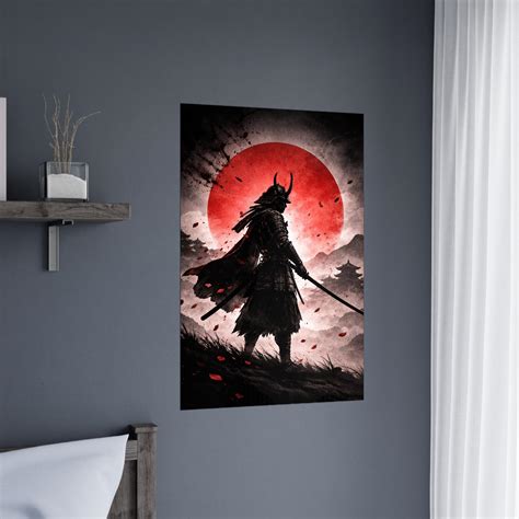 Samurai Silhouette Matte Poster Red Sun Japanese Warrior Art Etsy