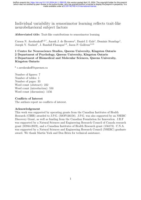 Pdf Individual Variability In Sensorimotor Learning Reflects Trait Like Neurobehavioral