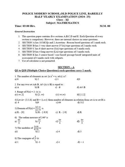 Mathematics Xi Half Yearly Paper 2024 25 Pdf Mathematical