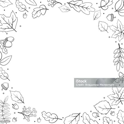 손으로 그린 단풍 낙서가 원 모양입니다 떨어지는 나뭇잎 라인 아트 단풍나무 참나무 도토리 프레임에 대한 스톡 벡터 아트 및 기타